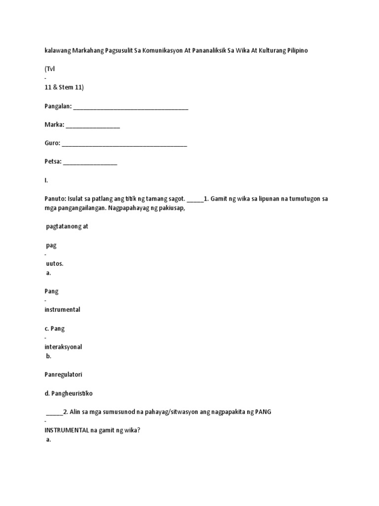 Kalawang Markahang Pagsusulit Sa Komunikasyon at Pananaliksik Sa Wika ...