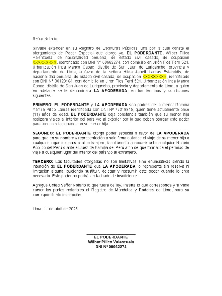 Modelo Minuta de Poder Escritura Publica-Notario Peruano | PDF