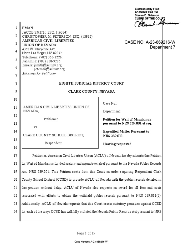 Petition For Writ of Mandamus-ACLU vs. CCSD | PDF | Mandamus | Writ Petition For Writ of Mandamus-ACLU vs. CCSD | PDF | Mandamus | Writ
