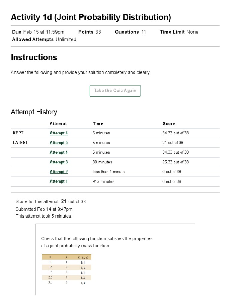 Activity 1d (Joint Probability Distribution) : Attempt History | PDF | Statistics | Probability