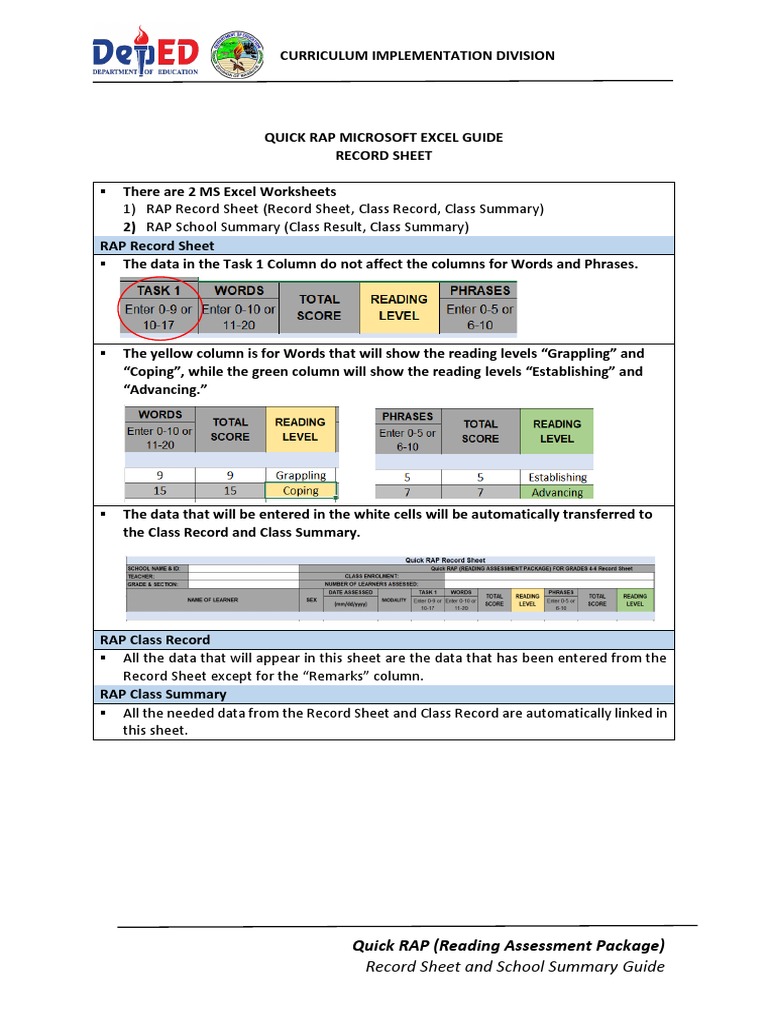 Quick RAP (Reading Assessment Package) : Record Sheet and School ...