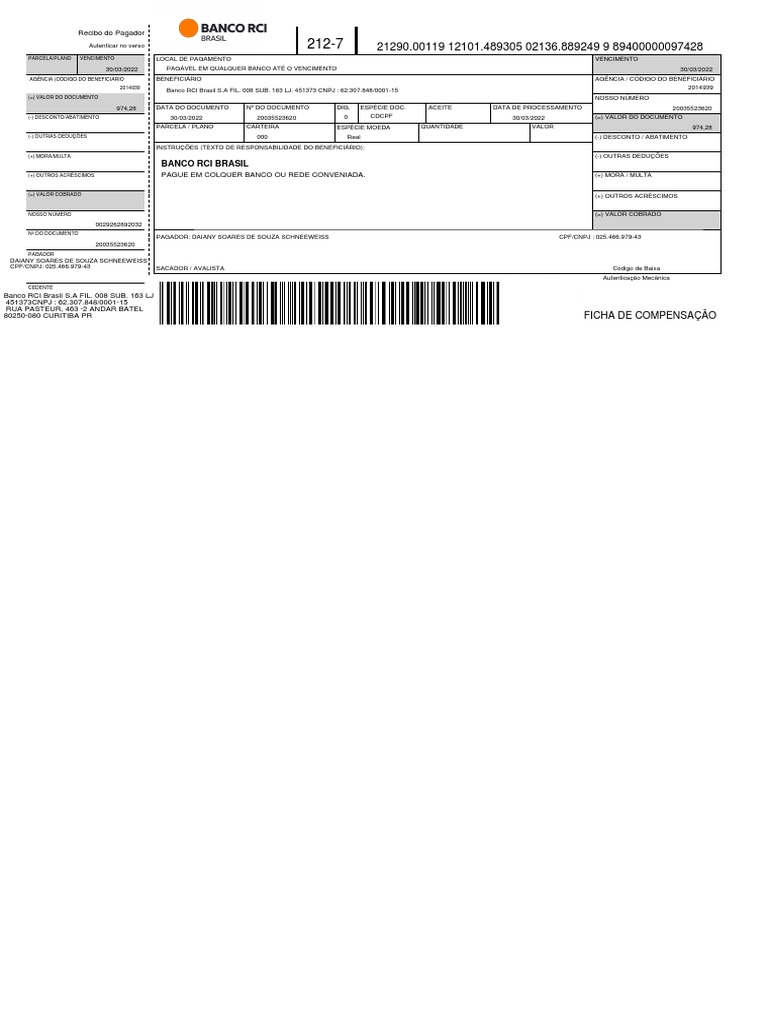 Boleto - Banco Rci Brasil S.A - Daiany Soares de Souza Schneeweiss ...