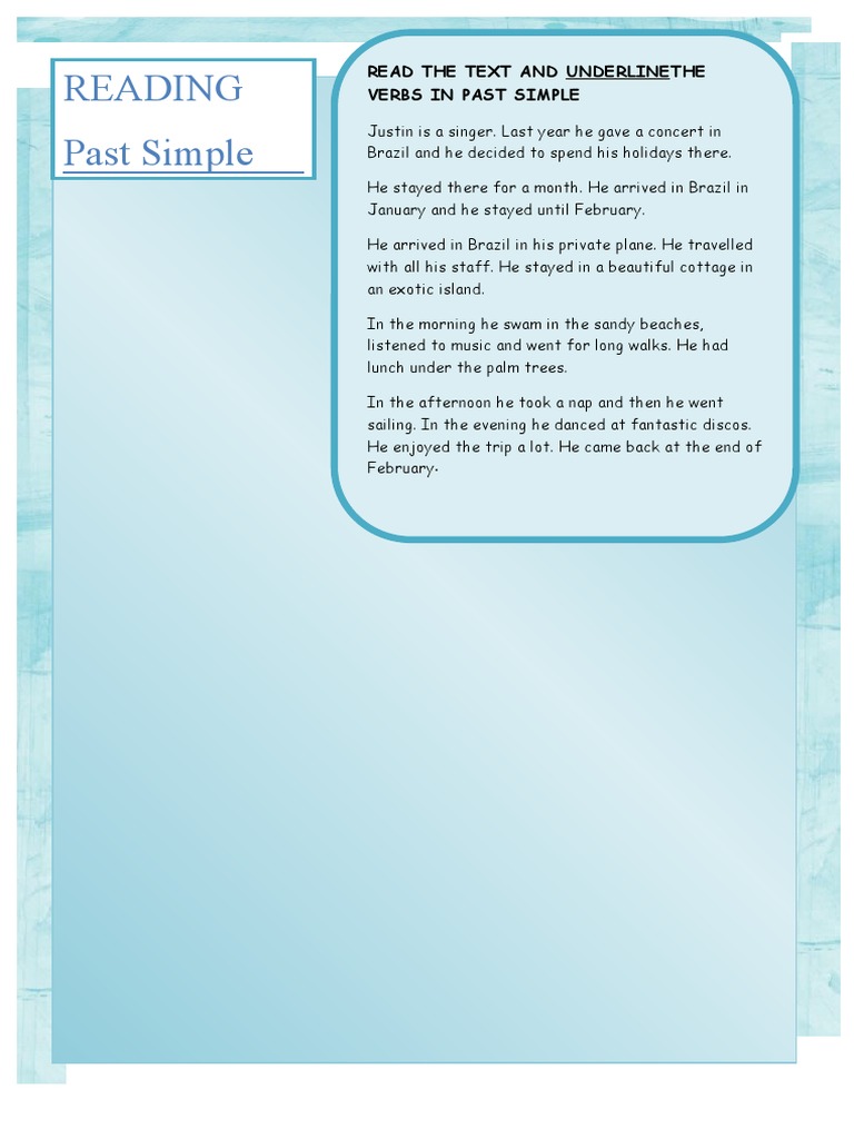 Reading Past Simple: Read The Text and Underlinethe Verbs in Past Simple | PDF