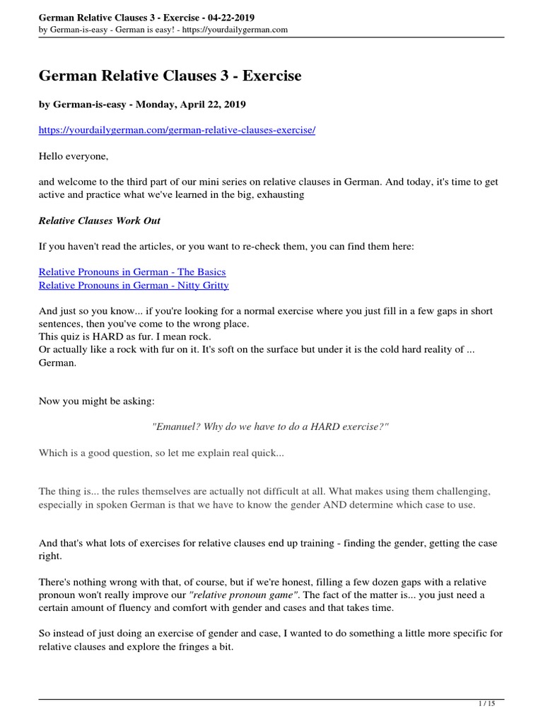 German Relative Clauses Exercise | PDF | Grammatical Gender | Sentence ...