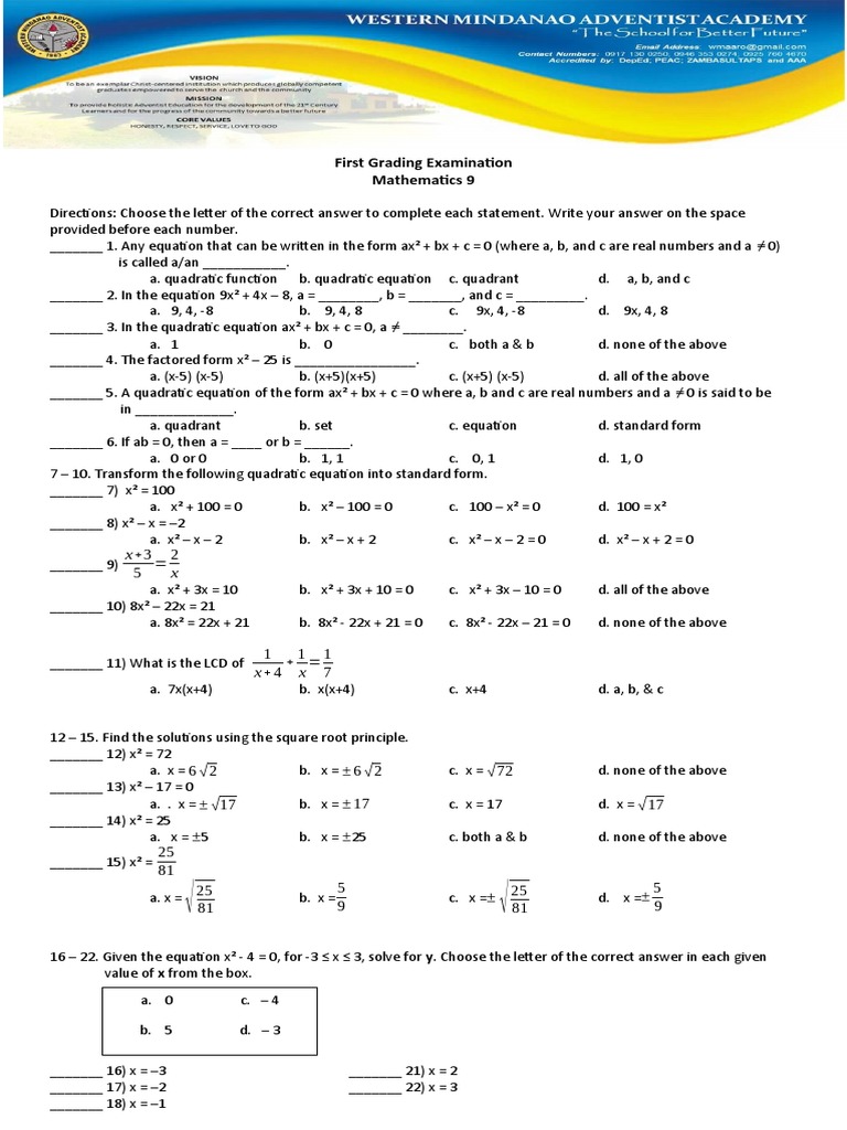 Mathematics 9 - Examination - ASJ | PDF | Quadratic Equation | Equations