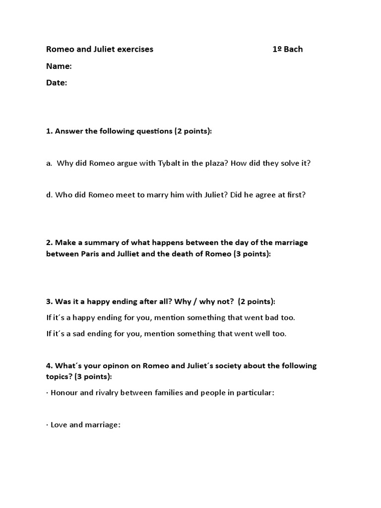 Romeo and Juliet Exercises 1º Bach Name: Date | PDF