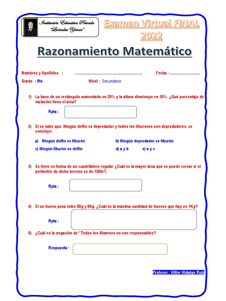 Examen Final 5to Sec RM | PDF