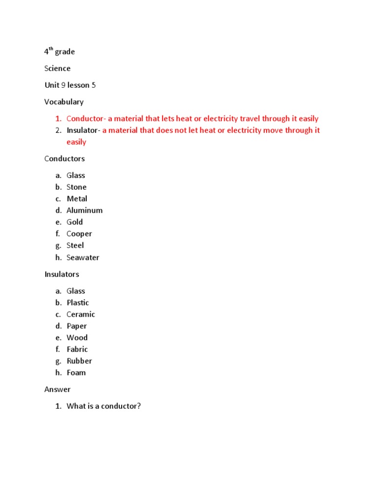 4th Grade Unit 9 Lesson 5 Insulators and Conductors | PDF