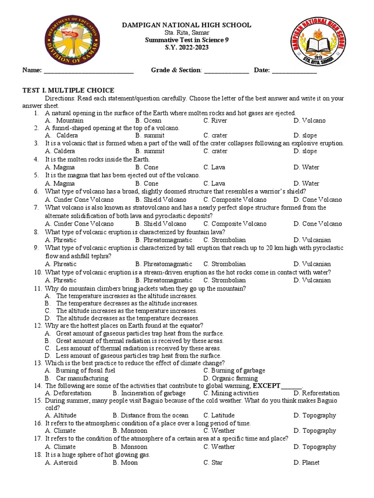 Science 9 Summative Test Guide | PDF | Volcano | Types Of Volcanic ...
