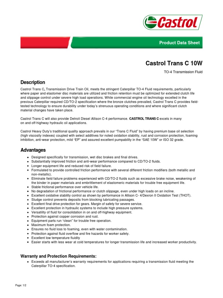 PDS Castrol Trans C 10w | Download Free PDF | Motor Oil | Mechanical ...