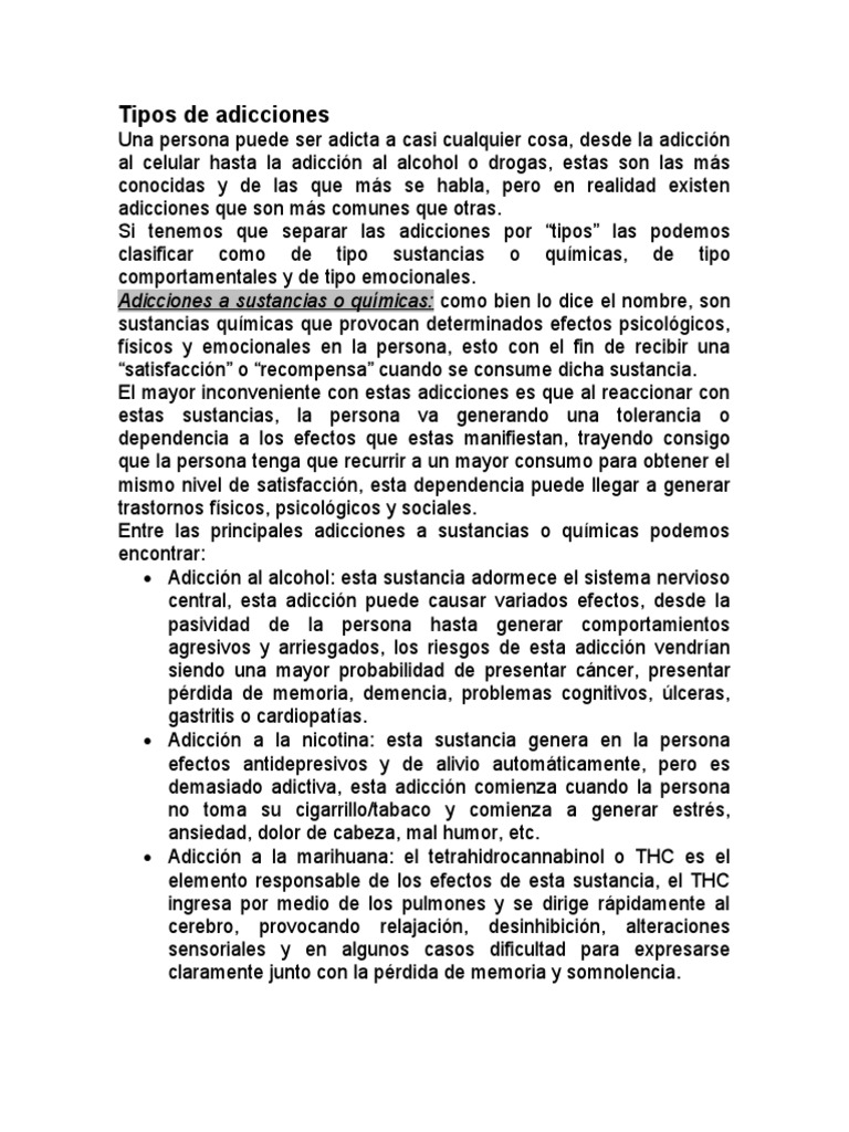 Tipos de Adicciones | PDF | La dependencia de sustancias | Drogas