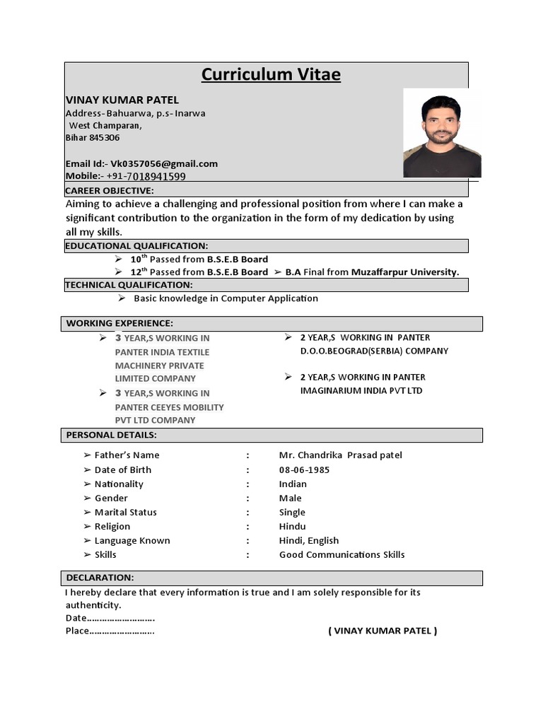 A Comprehensive Curriculum Vitae Highlighting Vinay Kumar Patel's Educational Qualifications ...