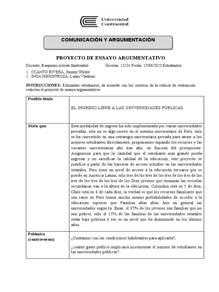 Formato de Proyecto de Ensayo | PDF | Educación más alta | Perú