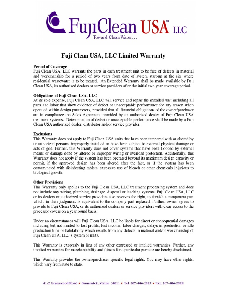 Fuji Clean Usa System Warranty | PDF | Implied Warranty | Limited ...
