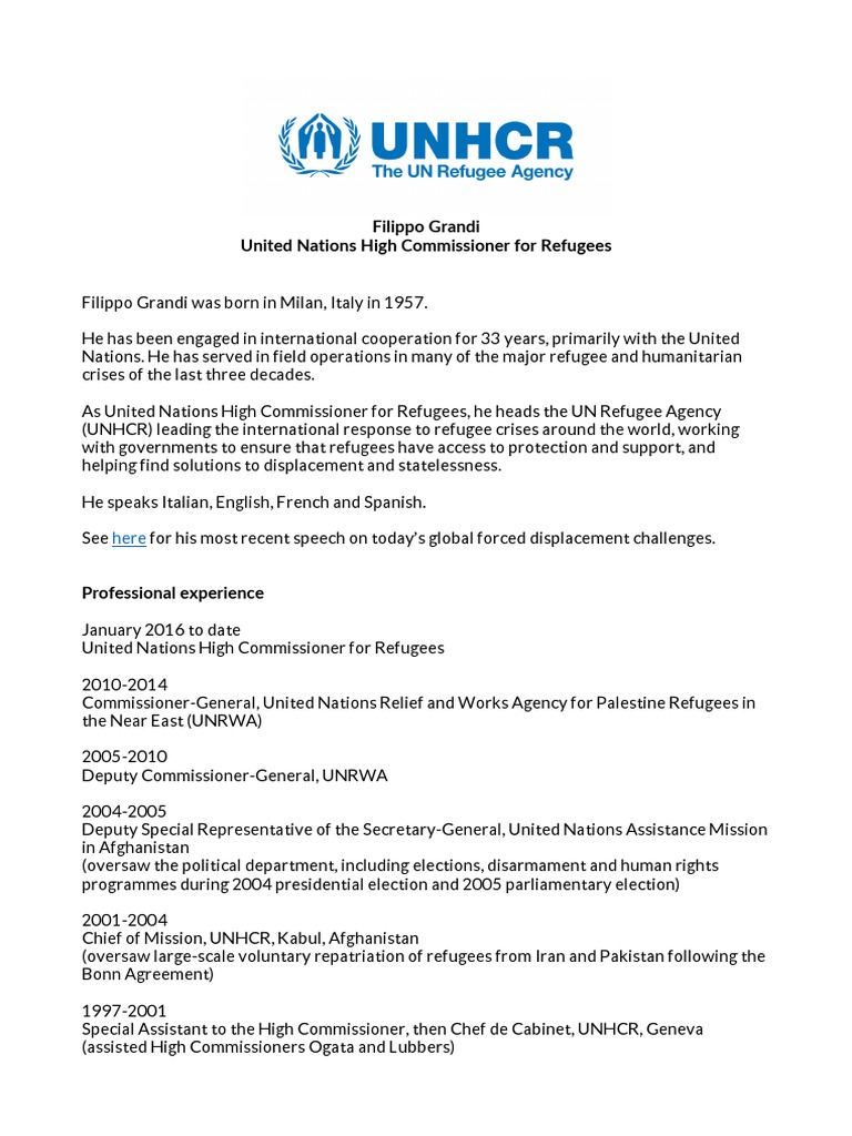 Filippo Grandi United Nations High Commissioner For Refugees | PDF | Refugee | United Nations ...