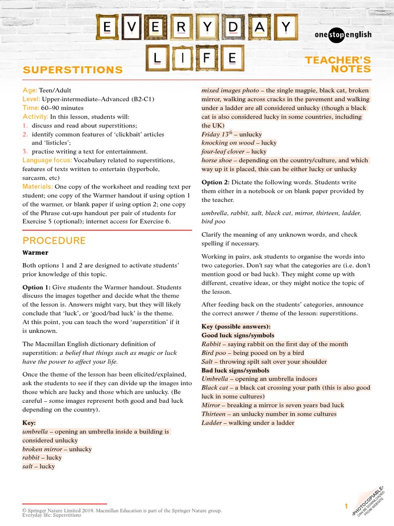 Teacher'S Notes Superstitions: Procedure | PDF | Luck | Word