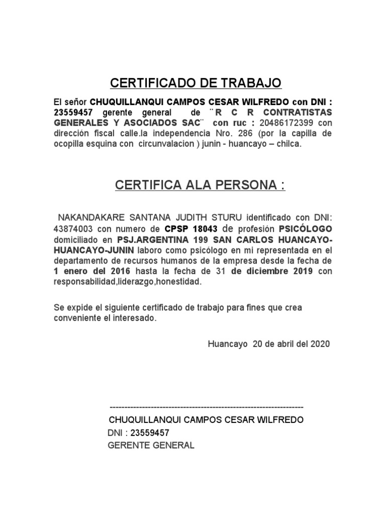 Certificado de Trabajo: Certifica Ala Persona | PDF