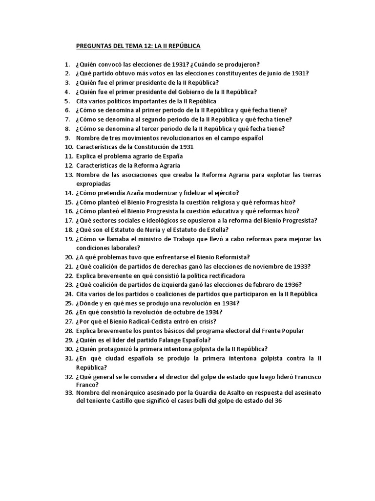 Preguntas Del Tema 12: La Ii República | Descargar gratis PDF | Gobierno | Política de españa