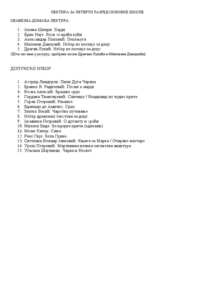 Lektira Za 4 Razred Osnovne Skole | PDF