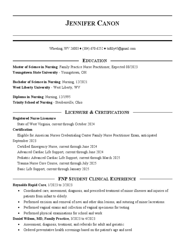 Jennifer Canon Resume 1 | PDF | Nursing | Patient