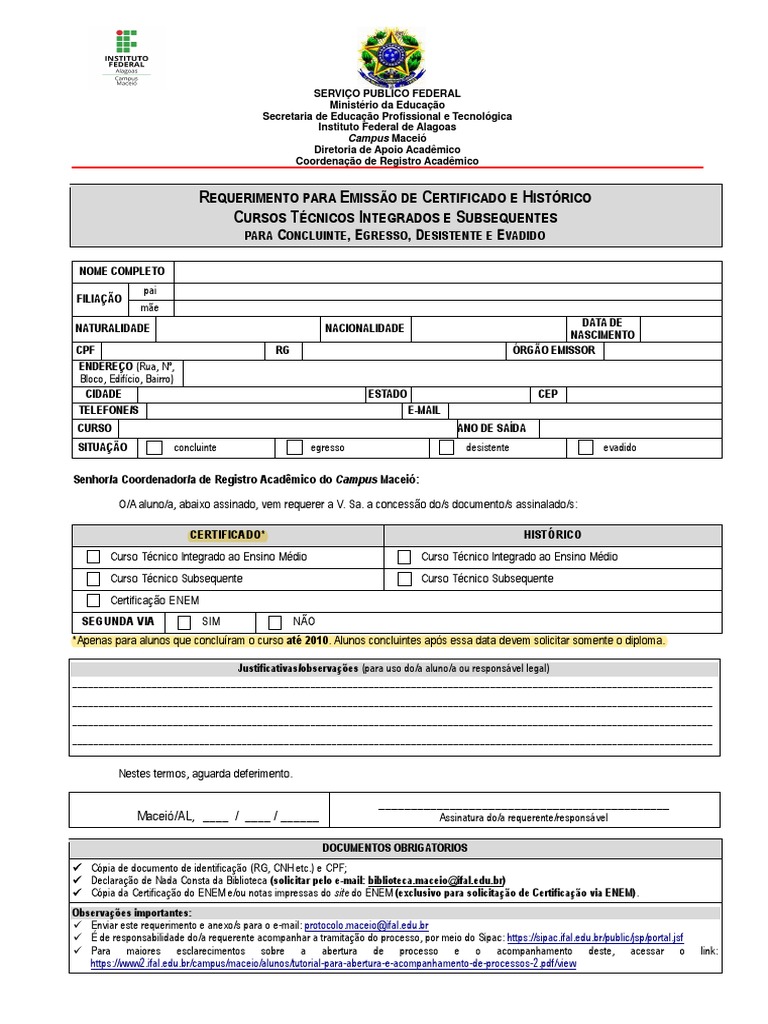 Requerimento CRA - Solicitação de Histórico e Certificado | PDF