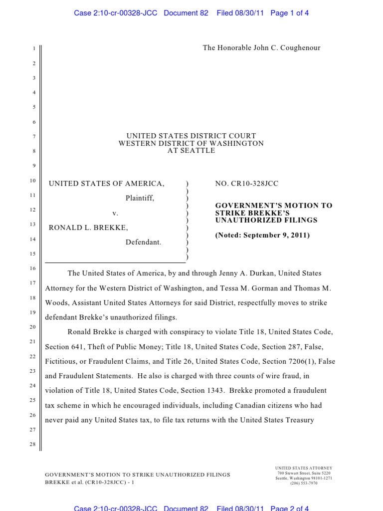 Leen - Government's Motion to Strike Brekke's Pro Se Pleadings | Pro Se Legal Representation In ...