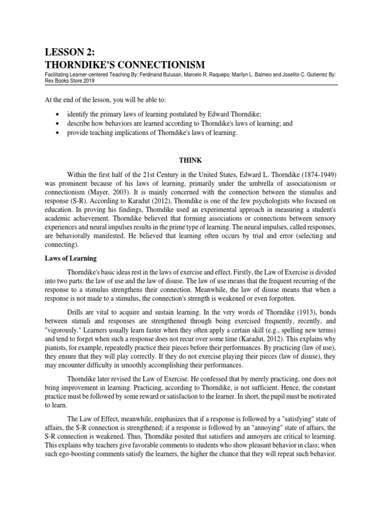 Lesson 2: Thorndike'S Connectionism: Think | PDF | Learning | Behaviorism