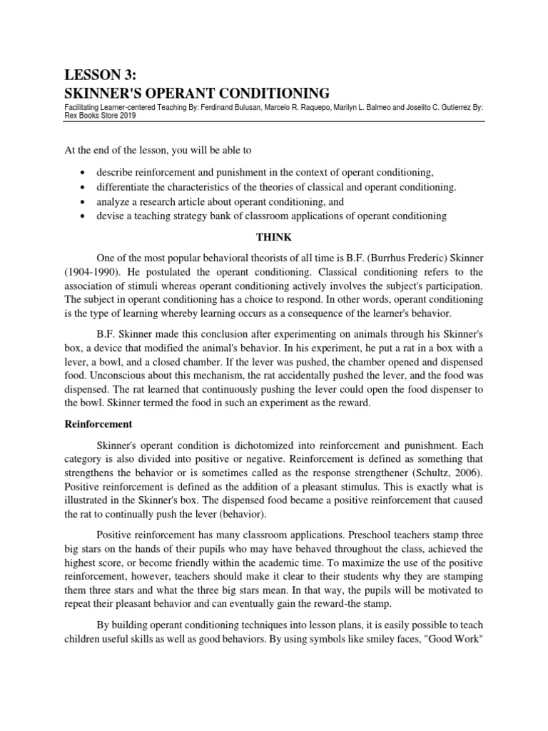 Lesson 3: Skinner'S Operant Conditioning: Think | PDF | Reinforcement ...