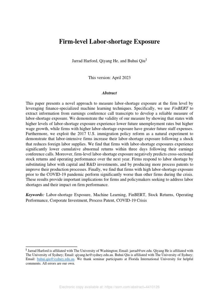 Firm-Level Labor-Shortage Exposure: Buhui - Qiu@sydney - Edu.au | PDF ...
