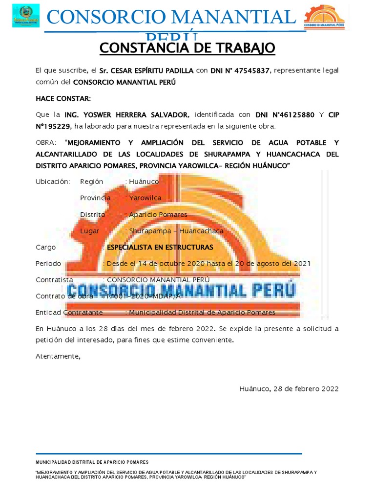 Constancia trabajo ingeniera obras agua Huánuco | PDF