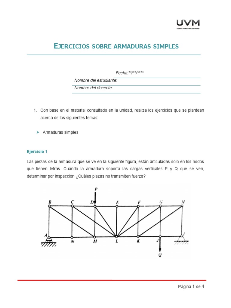 Jercicios Sobre Armaduras Simples: Fecha: / / Nombre Del Estudiante: Nombre Del Docente | PDF