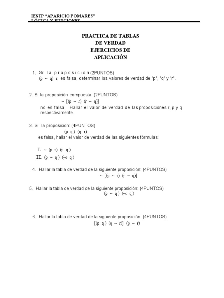 Practica de Tablas de Verdad Ejercicios de Aplicación: Iestp "Aparicio ...