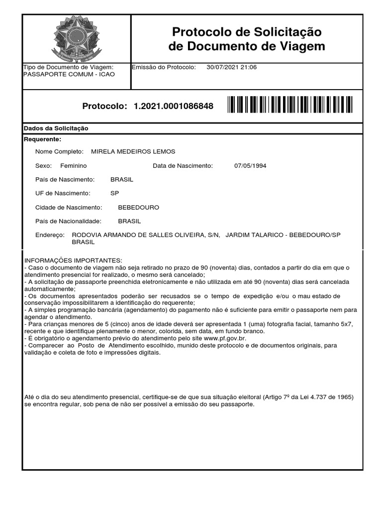 Protocolo de Solicitação de Documento de Viagem | Download grátis PDF ...