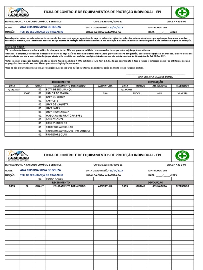 Ficha de Epi | Descargar gratis PDF | Equipamentos de proteção ...