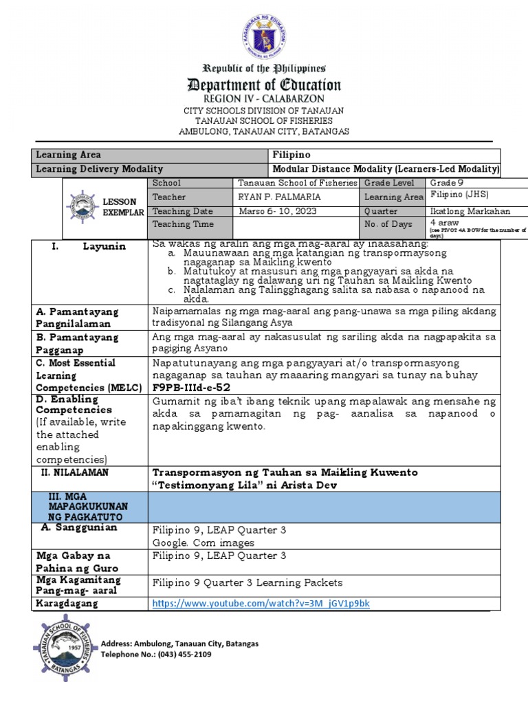 Learning Area Filipino Learning Delivery Modality Modular Distance ...