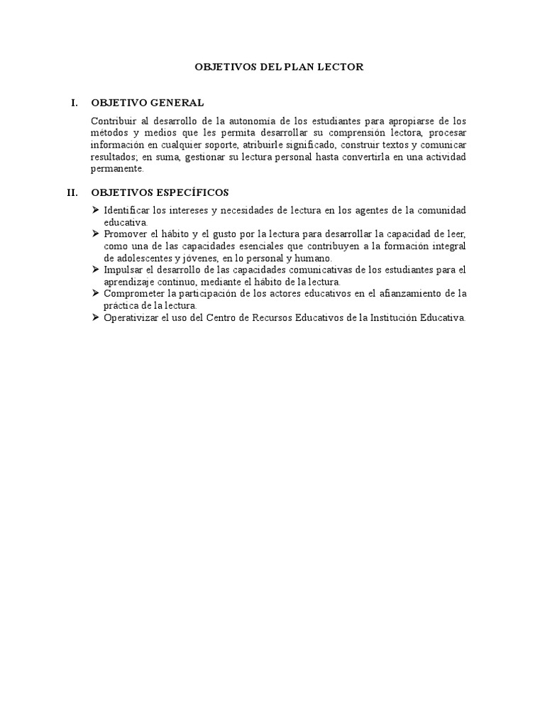 Objetivos Del Plan Lector I. Objetivo General | PDF | Crecimiento personal y profesional