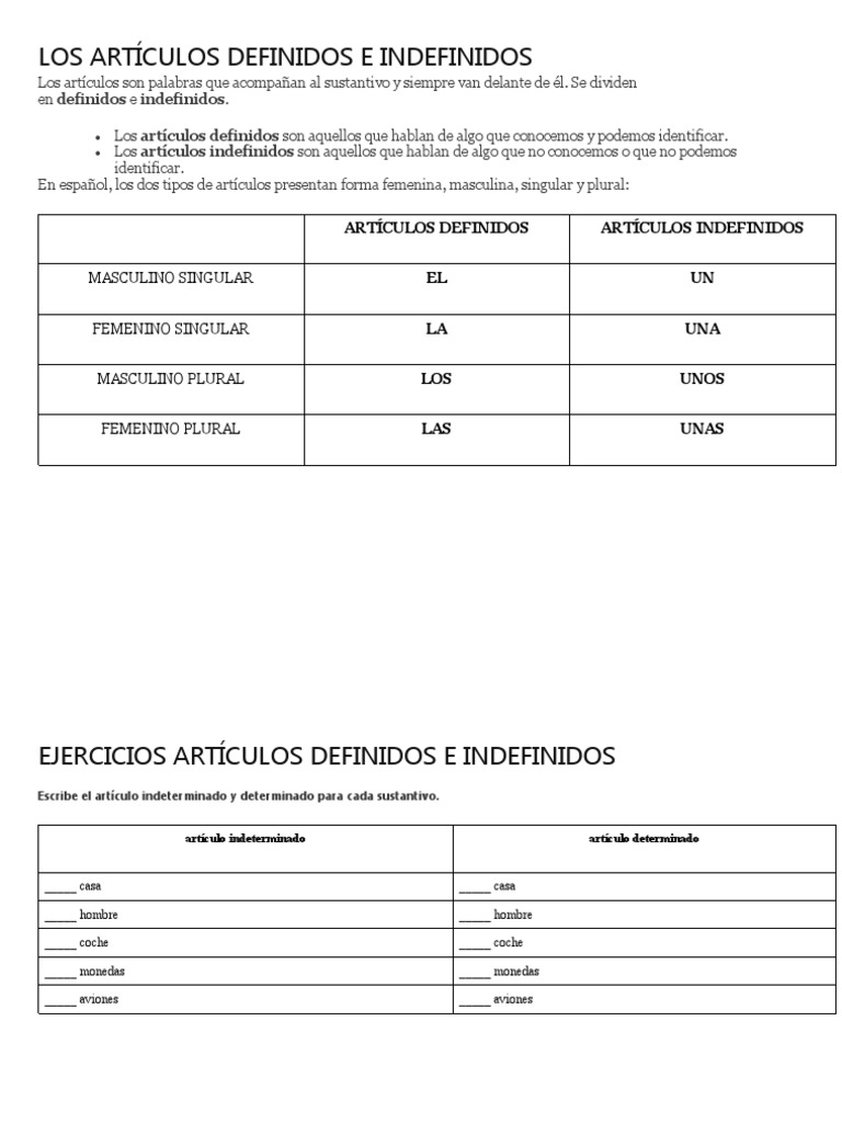 Los Artículos Definidos e Indefinidos | PDF