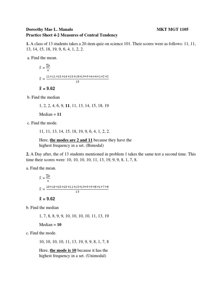 Activity 10 - Measures of Central Tendency (Ungrouped Data) | PDF Activity 10 - Measures of Central Tendency (Ungrouped Data) | PDF