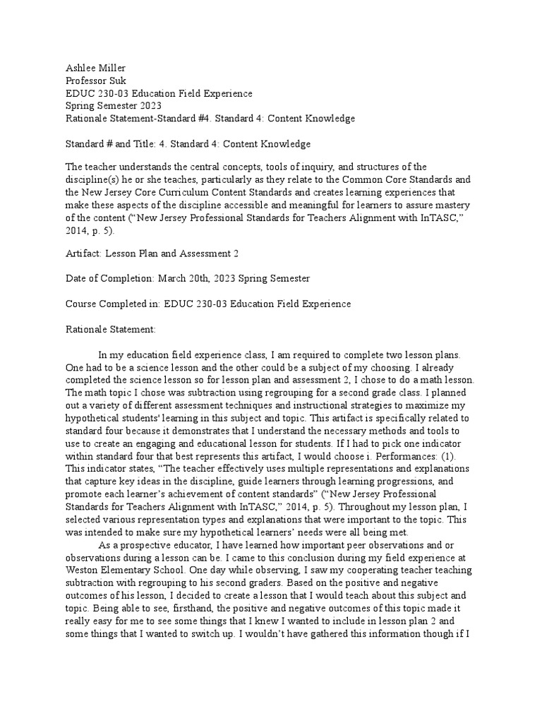 Rationale Standard 4 | PDF | Lesson Plan | Educational Assessment