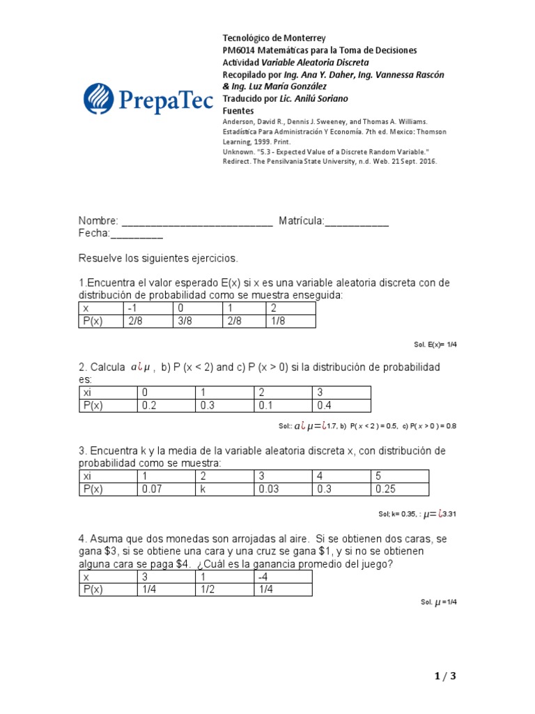 221 Variable Aleatoria Discreta 3 Pdf Desviación Estándar 5999