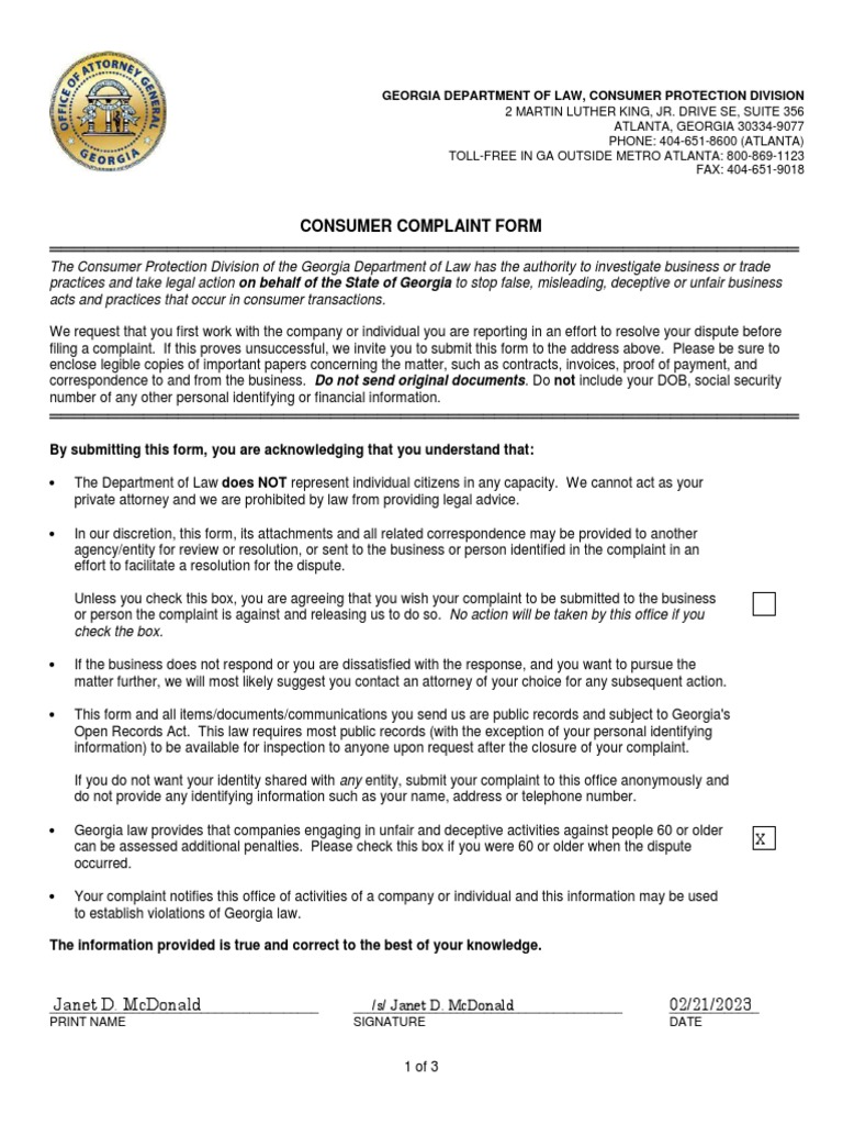 Georgia Consumer Complaint Process Guide | PDF | Insurance | Credit Card