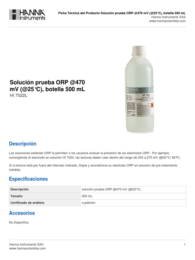 Ficha técnica de la solución estándar de prueba ORP @470 mV a 25°C de 500 mL | PDF