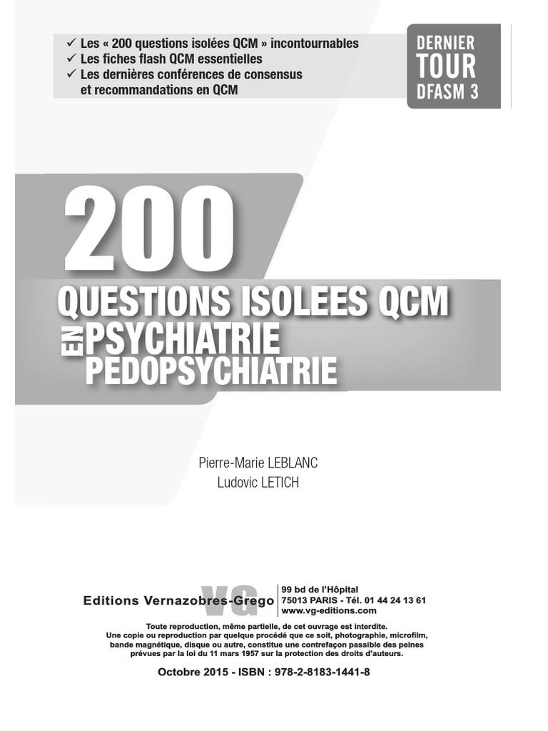QCM Psychiatrie : 200 Questions Clés | PDF | Trouble mental | Trouble ...