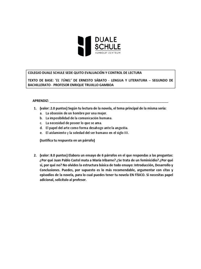 Control de Lectura y Prueba de Escritura El Túnel Ernesto Sábato - 2bach - Noviembre de 2022 | PDF