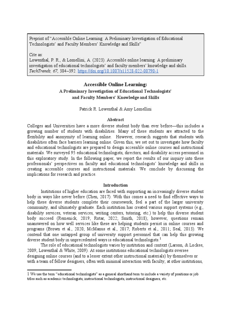 Accessible Online Learning - A Preliminary Investigation of Educational Technologists' and ...