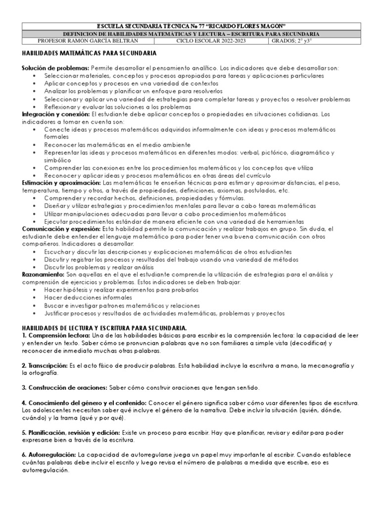 Habilidades Matemáticas y Lectura Escritura para Secundaria | PDF ...