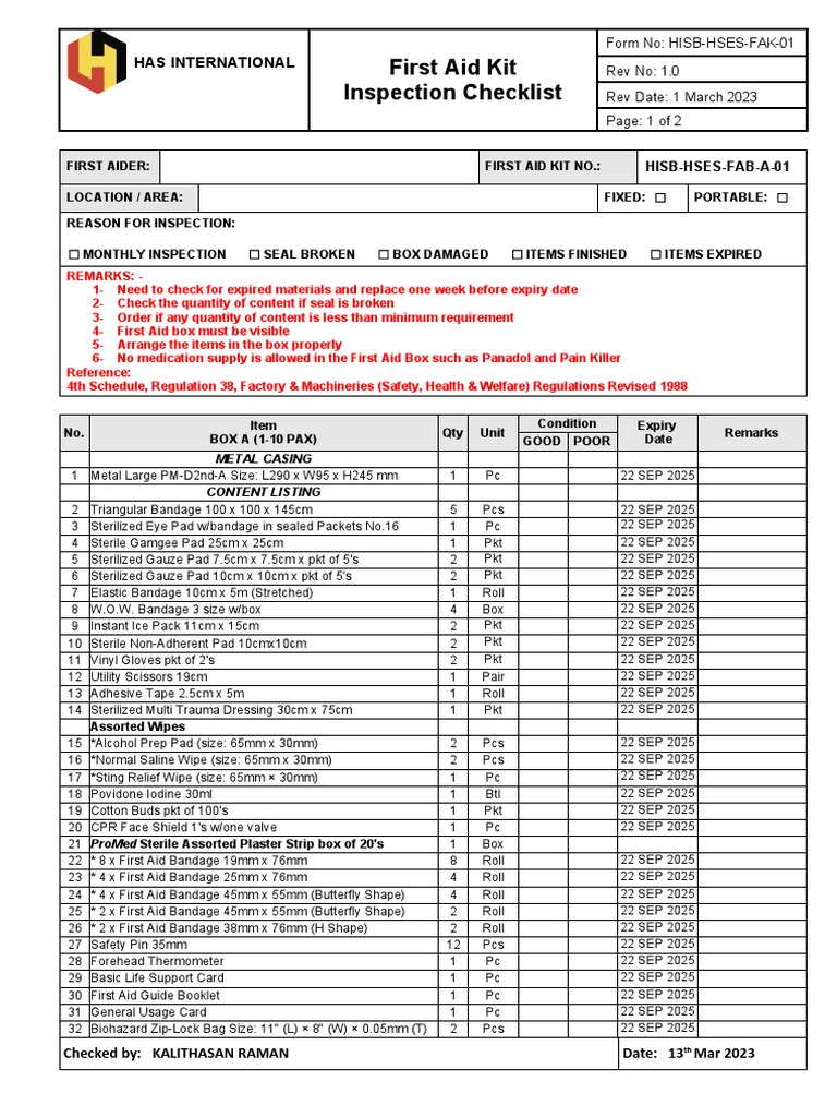 First Aid Kit Inspection Checklist Box A - Has | PDF | First Aid ...