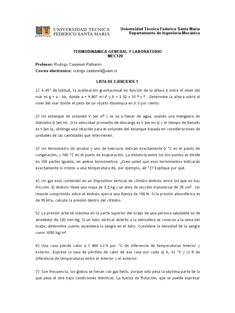 Lista de Ejercicios 1-Termo | PDF | Presión | Agua