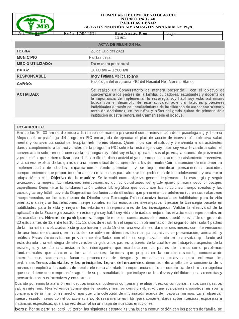 Acta de Soy Habil Soy Vida 2 | PDF | Las emociones | Comportamiento