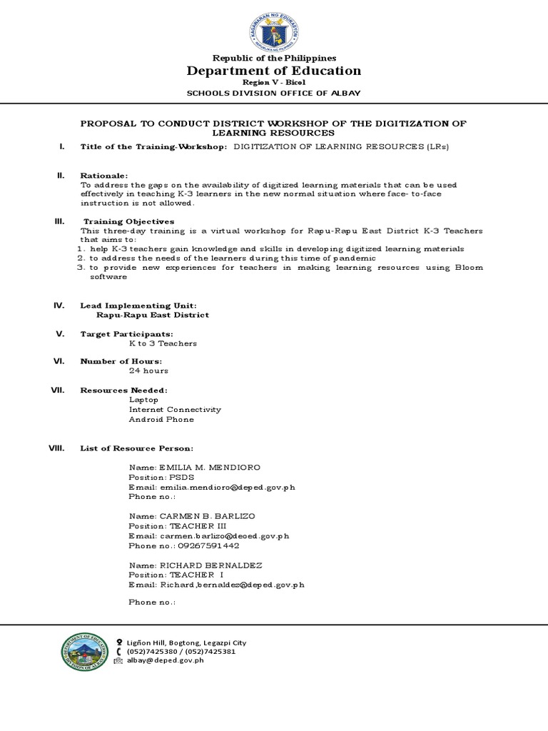 Department of Education: Proposal To Conduct District Workshop of The ...